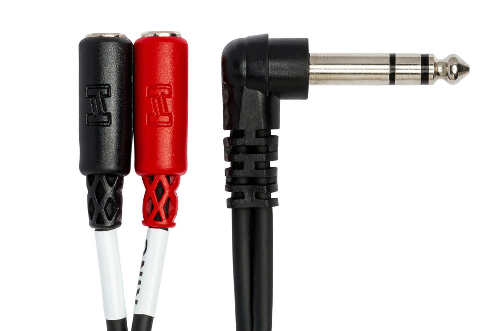 Right-angle 1/4 in TRS to Dual 3.5 mm TRSF - Stereo Breakout | Hosa Cables