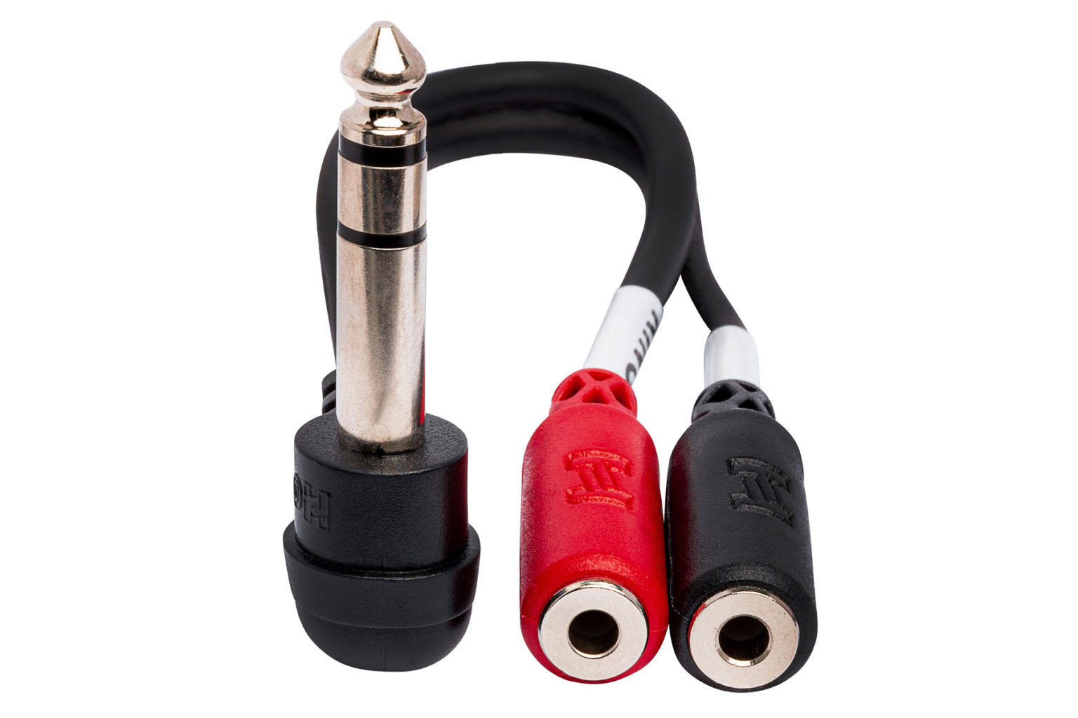 Right-angle 1/4 in TRS to Dual 3.5 mm TRSF - Stereo Breakout | Hosa Cables